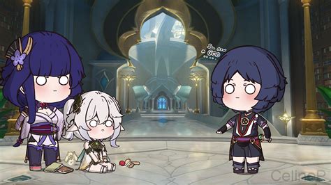 Raiden Shogun Nahida And Scaramouche Genshin Impact Drawn By