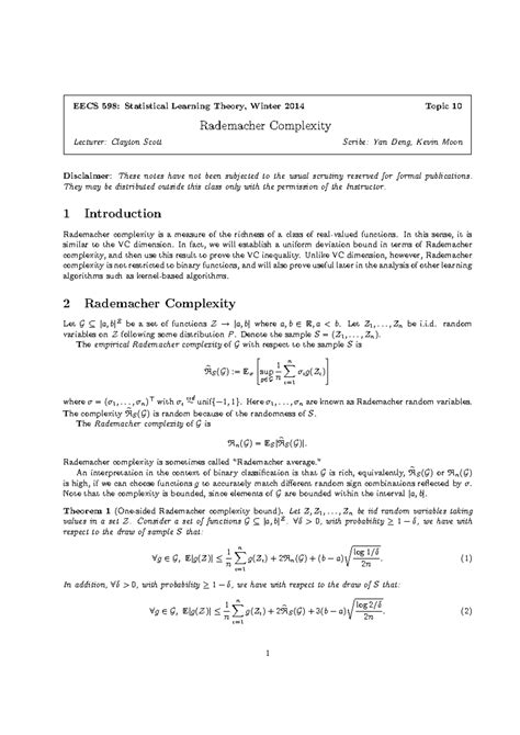 Lecture Notes Lecture 10 Rademacher Eecs 598 Statistical Learning Theory Winter 2014