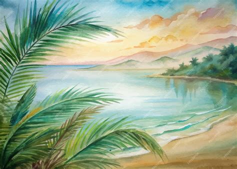 Fondo De Acuarela De Playa Con Hojas De Palma Vector Premium
