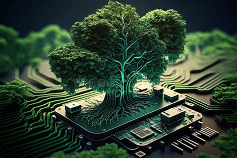 Conceptual Image Of Green Tree Growing Out Of A Circuit Board Generative Ai Stock Illustration