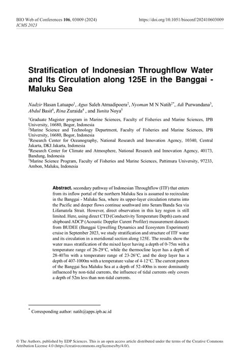Pdf Stratification Of Indonesian Throughflow Water And Its Circulation Along 125e In The