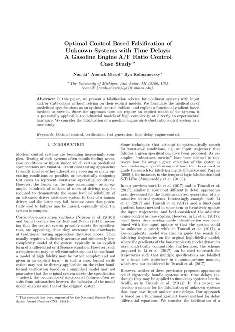 Pdf Optimal Control Based Falsification Of Unknown Systems With Time Delays A Gasoline Engine