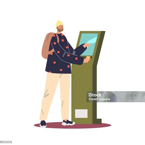 셀프 서비스 지불을 위해 단말기를 사용하는 남자 현대 터치 스크린 정보 키오스크 기술 개념에 대한 스톡 벡터 아트 및 기타 이미지 개념 개성 개념 검사 보기 Istock