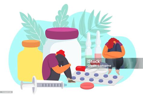 스트레스 문제 평평한 약물 중독 개념 벡터 일러스트를 가진 사람 우울증 중독자 절망에 슬픈 남자 여자 캐릭터 개념에 대한 스톡 벡터 아트 및 기타 이미지 Istock