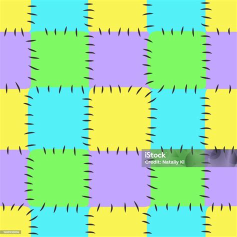 노랑 파랑 초록 라일락 색의 사각형 패치 워크 퀼트 원활한 패턴 패치 패턴의 케이지입니다 직물에 인쇄합니다 벡터 그림입니다 배경