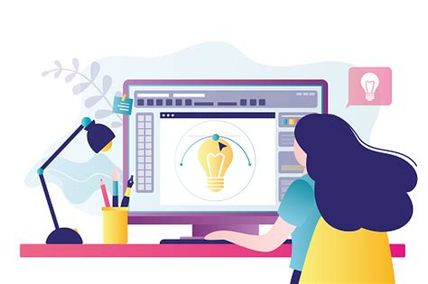 직장에서 그래픽 디자이너 직장 에 앉아 프리랜서 여자 디지털 아티스트는 아트워크 나 작업을 만듭니다 디스플레이에 페인트소프트웨어 P 디자인 전문가에 대한 스톡 벡터 아트 및