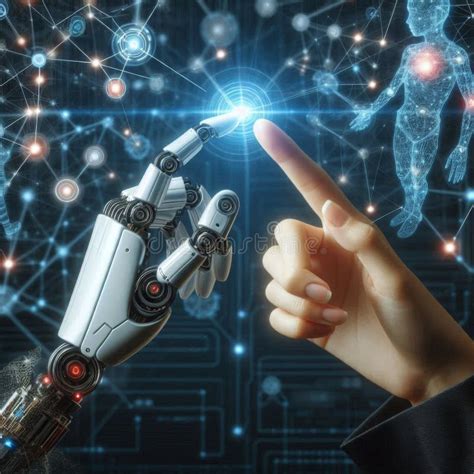 Hands Of Robot And Human Touching On Big Data Network Connection