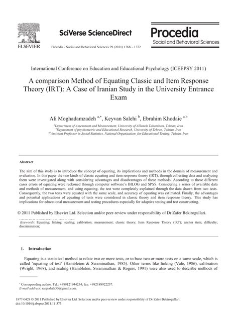 Pdf A Comparison Method Of Equating Classic And Item Response Theory Irt A Case Of Iranian