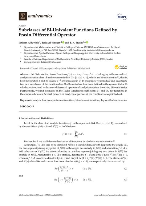 Pdf Subclasses Of Bi Univalent Functions Defined By Frasin