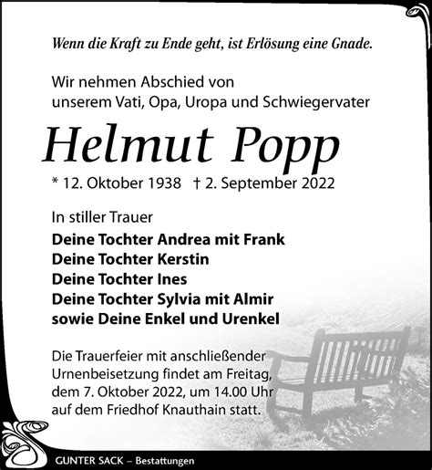 Traueranzeigen Von Helmut Popp Trauer Anzeigen De
