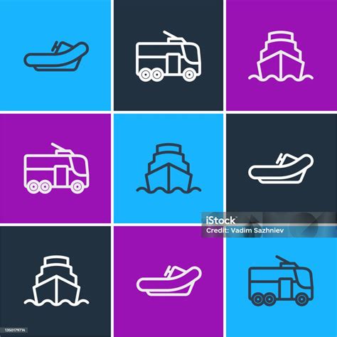 세트 라인 래프팅 보트 크루즈 선박과 트롤버스 아이콘 벡터 강에 대한 스톡 벡터 아트 및 기타 이미지 강 고무 보트 고풍스런 Istock