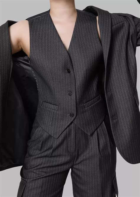 Elise Vest Grey Vest Formal Wear Fitted Pinstripe Three Piece Suit