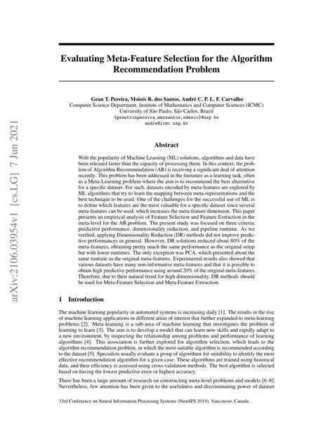 Pdf Evaluating Meta Feature Selection For The Algorithm