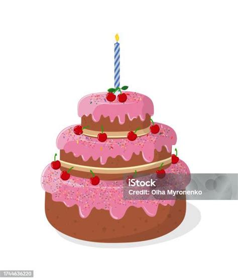 핑크 크림 촛불 하나 체리를 만화 스타일로 곁들인 밝은 축제 3단 케이크 벡터 그림 촛불 조명 장비에 대한 스톡 벡터 아트 및 기타 이미지 촛불 조명 장비 공휴일