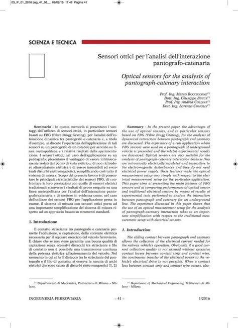 Optical Sensors For The Analysis Of Pantograph Catenary Interaction If Ingegneria Ferroviaria