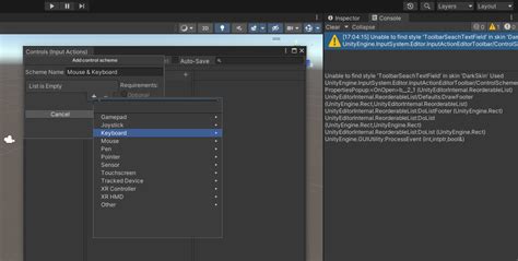 getting an error when trying to add a control scheme via input