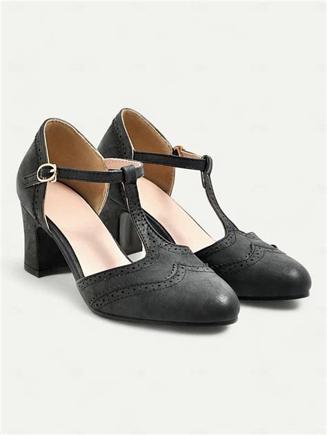 Womens Elegant Vintage T Strap Chunky Heel Pumps Brown Brogue