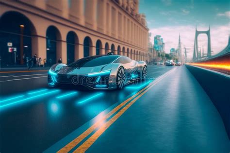 Fast Electric Car With Futuristic Autonomous Sensor Software Driving On Road Stock Illustration