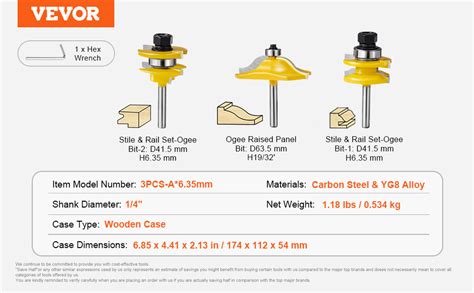 Vevor Router Bits Set 3 Pieces Carbide Router Bit 1 4 Inch Shank