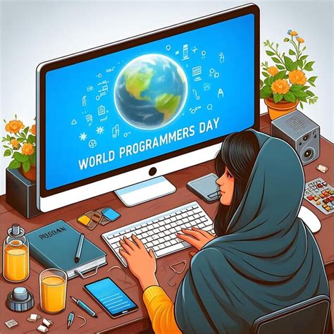 World Programmers Day A Woman Is Sitting At A Desk With A Computer And
