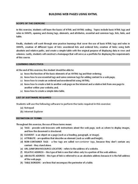 Building Web Pages Using Xhtml Scope Of The Exercise Pdf Html