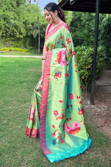 Lustrous Parrot Paithani Silk Saree With Dazzling Blouse Piece