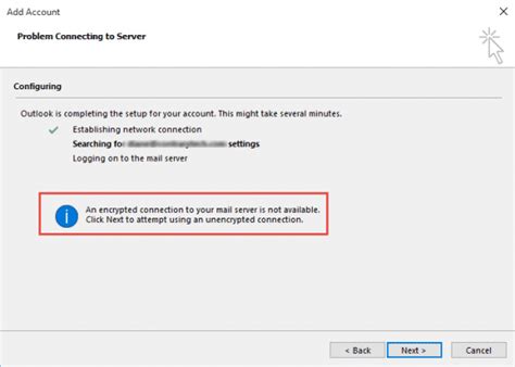 outlook auto account setup encrypted connection not available