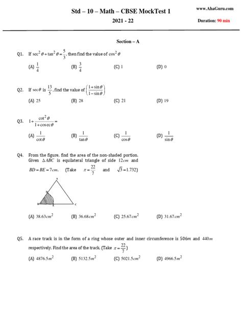 Std 10 Math Ts Cbse Mock Test 1 Pdf