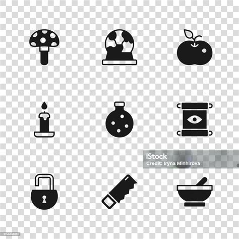 세트 손톱 마법 스크롤 마녀 가마솥 물약이 든 병 독 사과 실로시빈 버섯 공 및 불타는 촛불 아이콘 벡터 가마솥에 대한 스톡 벡터 아트 및 기타 이미지 Istock