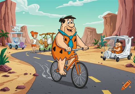 Cartoon Of Fred Flintstone Riding A Bicycle On A Road With Other