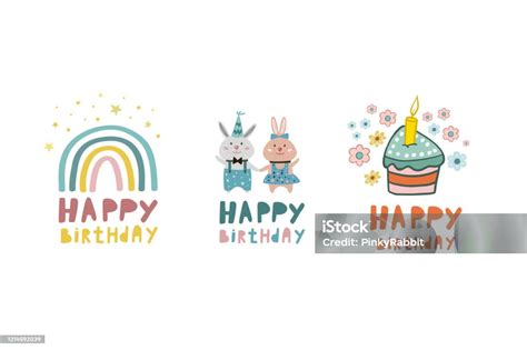 생일 축하해요 생일 디자인 세트입니다 생일을 위한 일러스트 세트입니다 벡터 그림입니다 만화 스타일 도면 귀여운에 대한 스톡 벡터 아트 및 기타 이미지 Istock