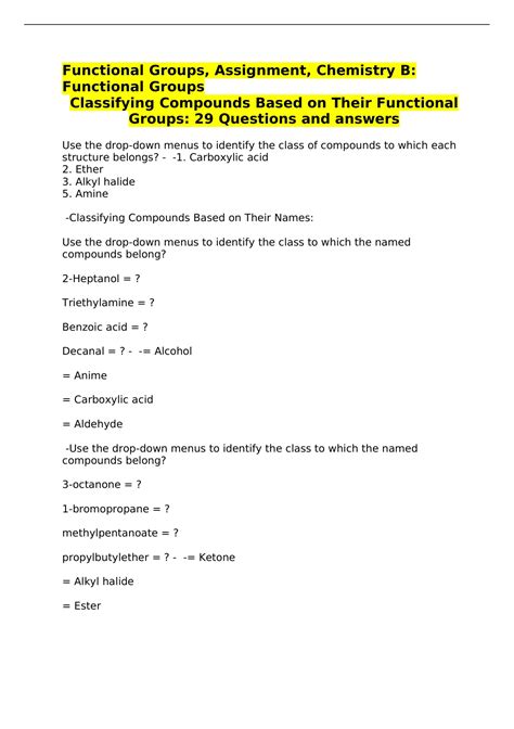Functional Groups Assignment Chemistry B Functional Groups Classifying Compounds Based On
