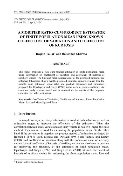 Pdf A Modified Ratio Cum Product Estimator Of Finite Population Mean