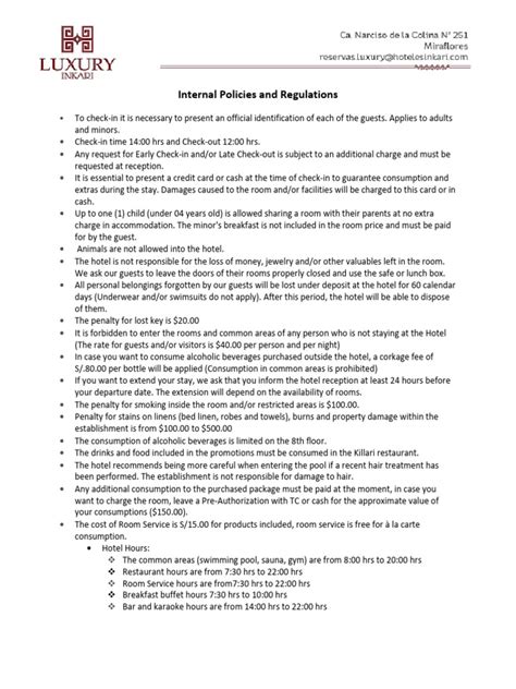 Internal Policies Pdf Hotel