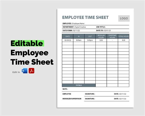 Employee Time Sheet Editable Time Sheet Printable Time Sheet Time Tracker Work Log Time Log