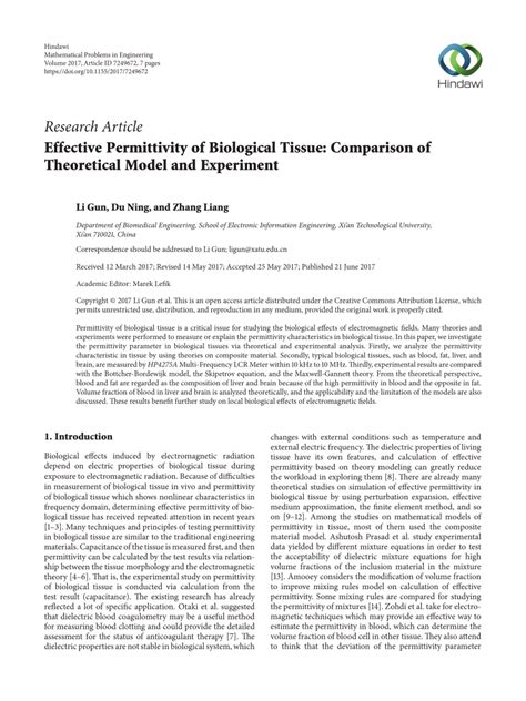 Pdf Effective Permittivity Of Biological Tissue Comparison Of Theoretical Model And Experiment