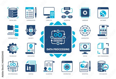 Data Processing Icon Set Data Validation Aggregation Summarisation Data Analysis