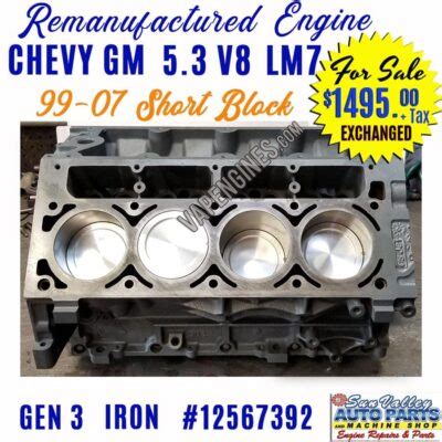 Gm Chevy 53l Gen 3 Lm7 Engine Short Block For Sale Remanufactured