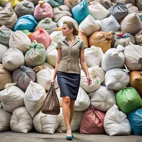 Woman Passing Trough Piles Of Bags Premium Ai Generated Image