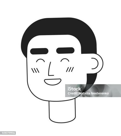 닫힌 눈을 가진 행복한 짧은 머리 남자 단색 플랫 벡터 캐릭터 머리 라인아트에 대한 스톡 벡터 아트 및 기타 이미지 라인아트