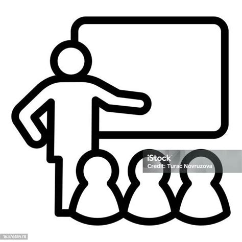 학생들 라인 아이콘이 있는 강사 칠판 강의 또는 교육 수업 기호 흰색 배경에 윤곽선 스타일 픽토그램 모바일 웹 디자인을 위한 팀워크 벡터 그래픽 강당에 대한 스톡 벡터 아트