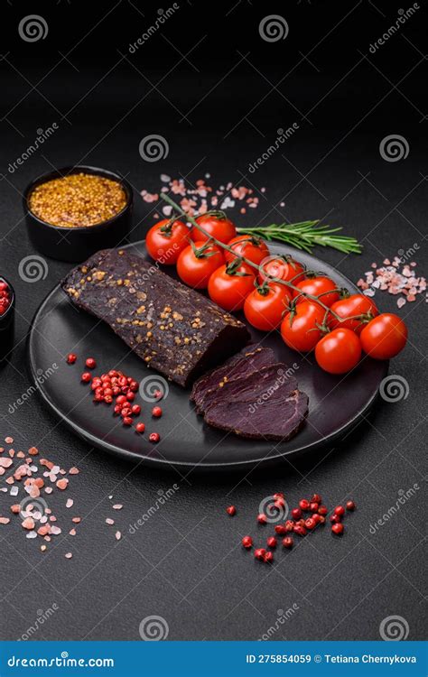 Delicious Smoked Armenian Basturma With Spices And Herbs Stock Image