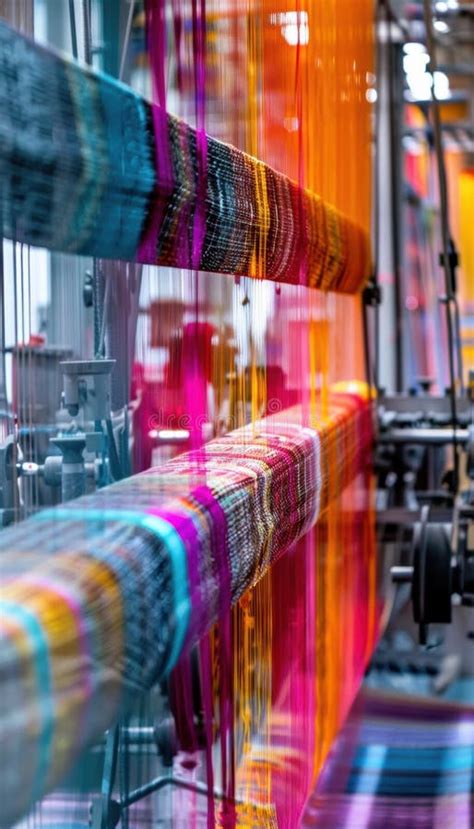 Automated Textile Machinery Weaving Colorful Fabrics In A Vibrant