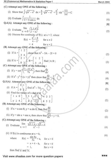 Mathematics And Statistics 1 2008 2009 Hsc Commerce English Medium 12th Standard Board Exam