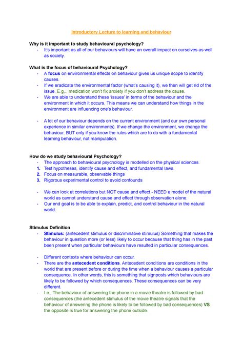 203 Psych Lecture Summary Introductory Lecture To Learning And Behaviour Why Is It Important