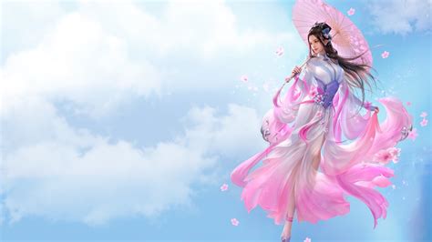 Wallpaper Beautiful Chinese Girl Fantasy Pink Skirt Retro Style