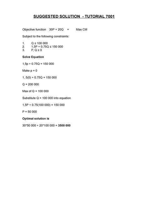 Linear Programming Solutions Suggested Solution Tutorial 7001