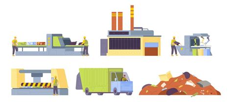 쓰레기 재활용 공장 제조 공정 재활용 및 산업 폐기 폐기물의 도시 쓰레기 매립 공장 작업자에 대한 플라스틱 폐기물 화려한 벡터 일러스트 레이 션 프리미엄 벡터