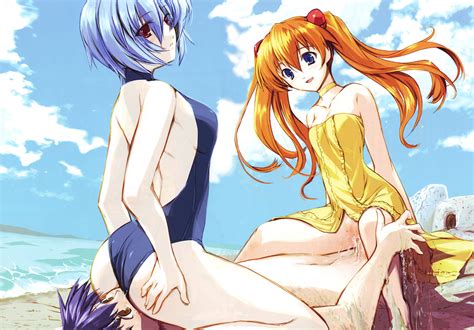 Rule 34 2girls Asuka Langley Sohryu Beach Blue Eyes Brown Eyes