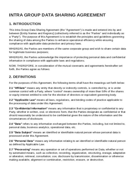 Intra Group Data Sharing Agreement Template Fill Out And Sign Online